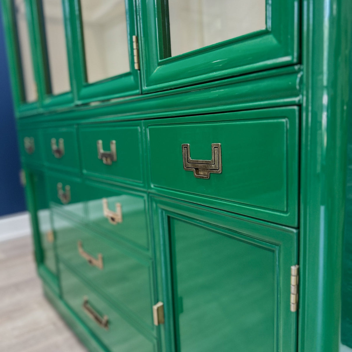 Delaney - Drexel campaign style china hutch, finished in our high gloss lacquer. – Casey Grace ...